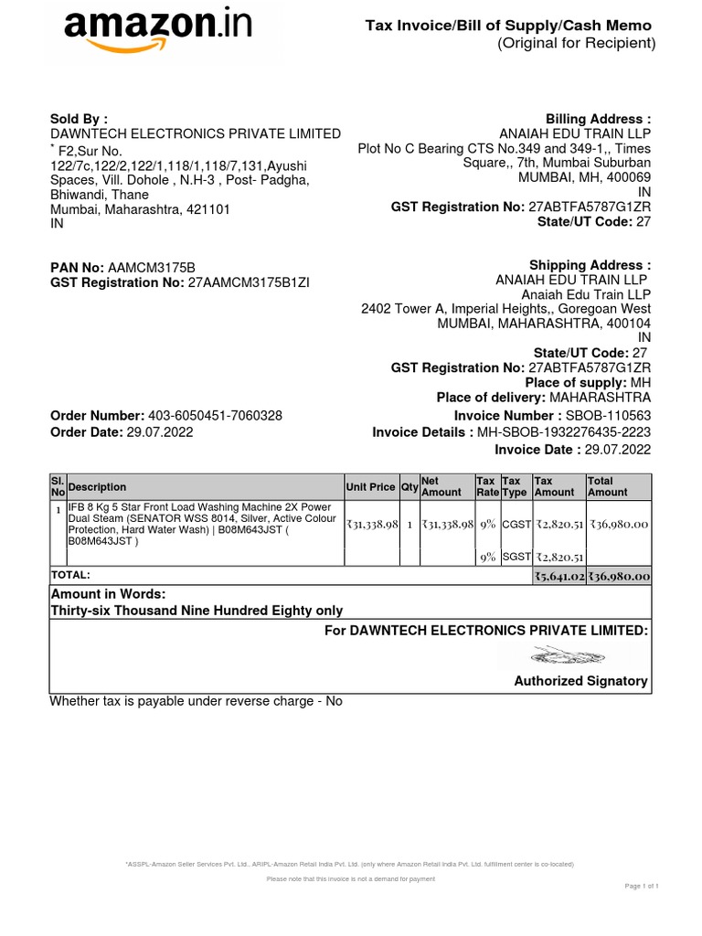 Washing Machine Invoice | PDF | Invoice | Taxation
