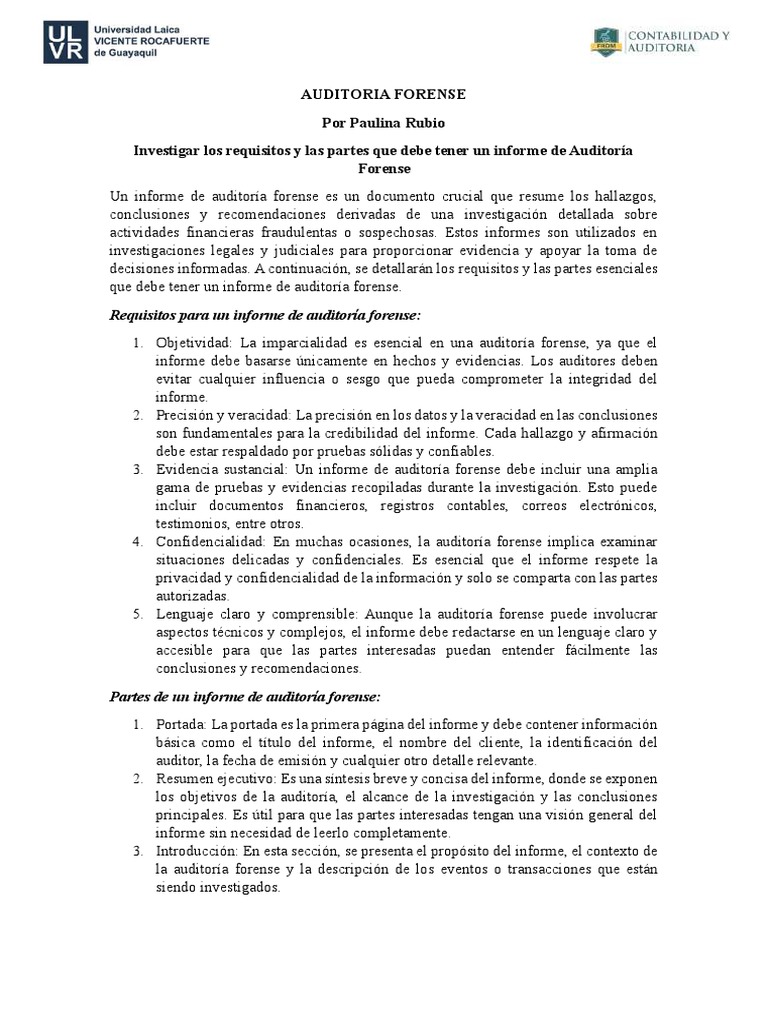 Requisitos y Partes Que Debe Tener Un Informe de Auditoría Forense ...