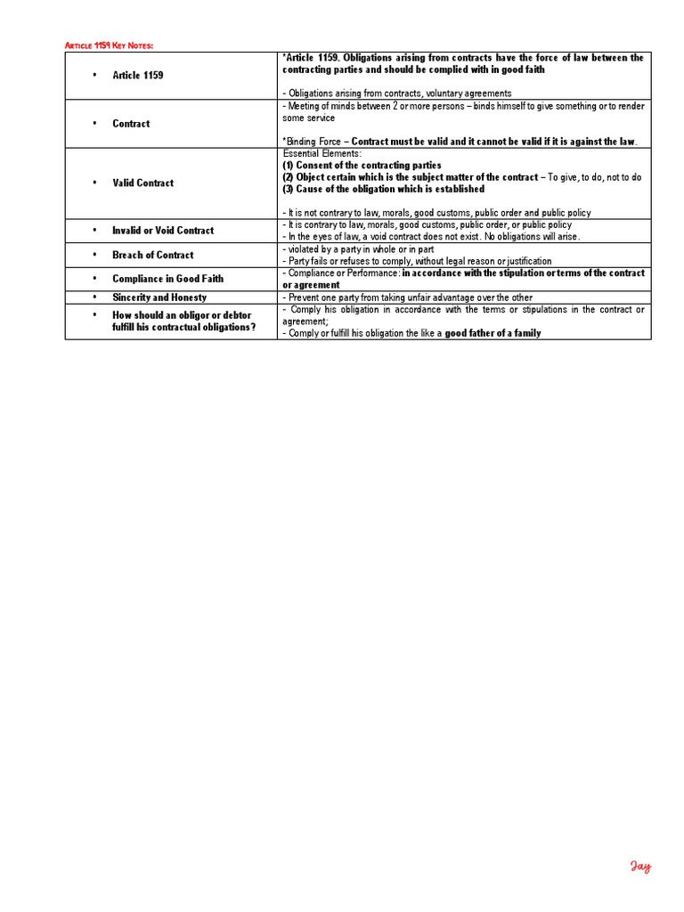 Article 1159 Key Notes | PDF | Contract Law | Legal Concepts