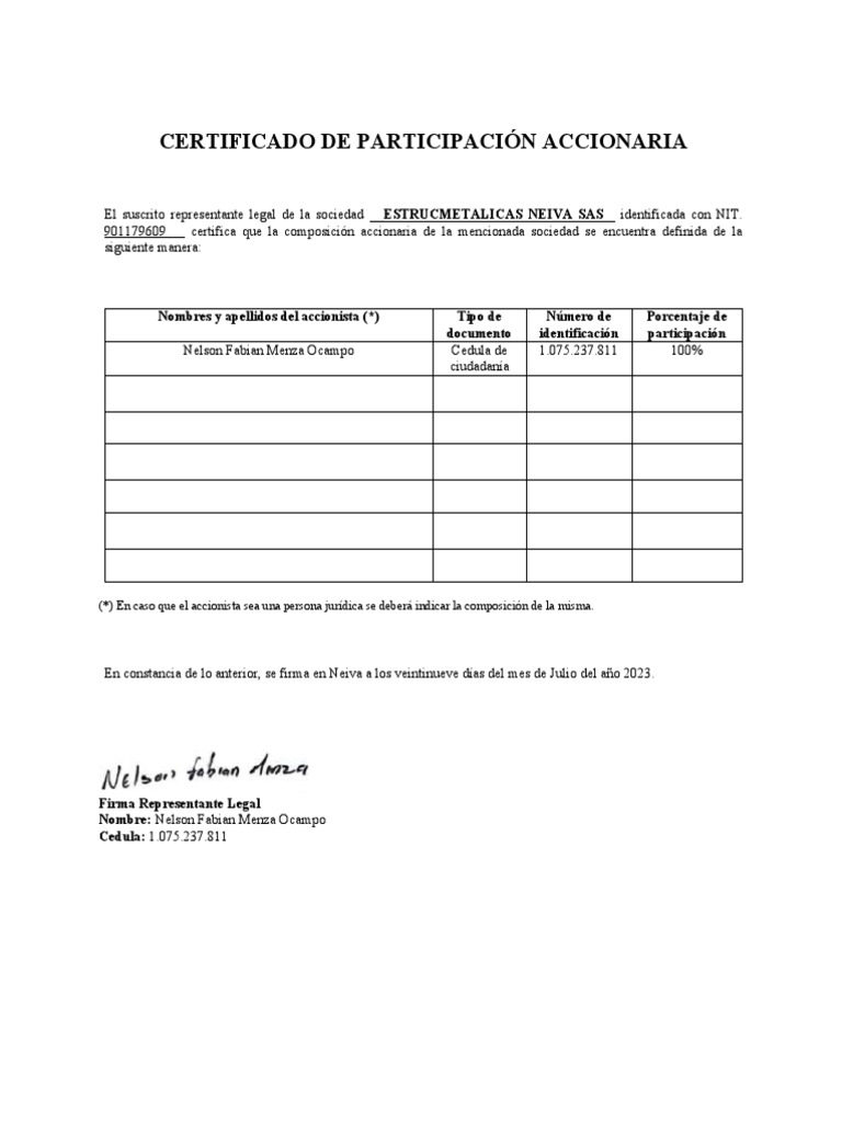 Certificado Participacion Accionaria | PDF Certificado Participacion Accionaria | PDF