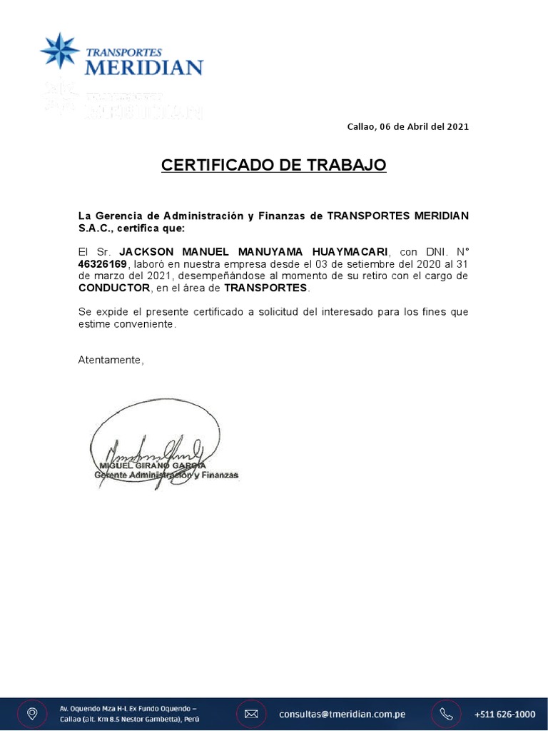Certificado De Trabajo Transportes Meridian S A C Conductor Pdf