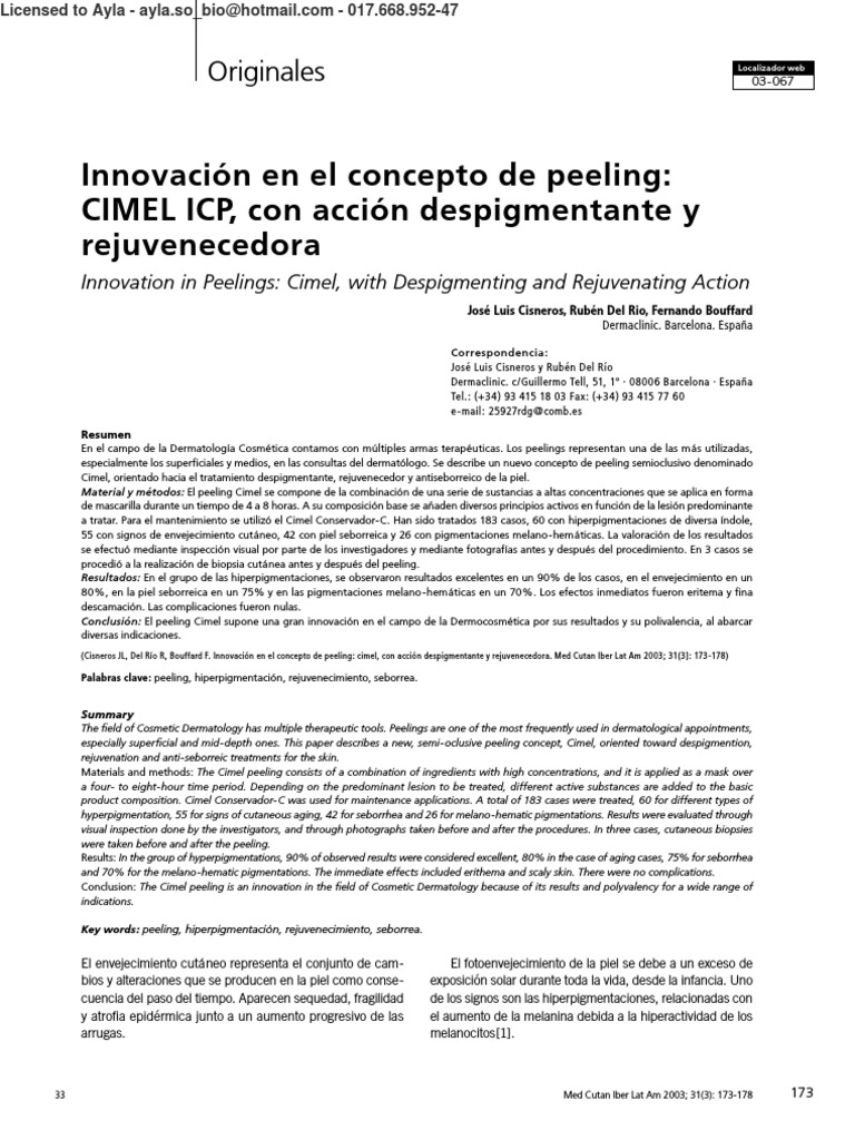 Peeling de Cimel | Descargar gratis PDF | Piel | Dermatología