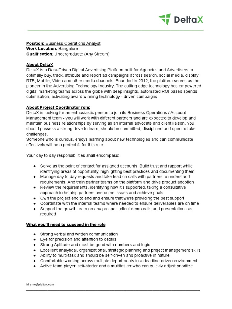 DeltaX - Business Operations Analyst - Job Description | PDF | Digital ...