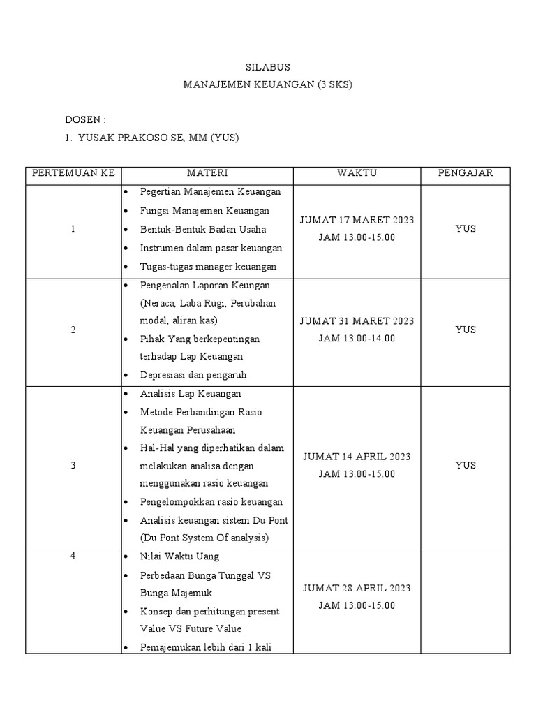 Silabus Manajemen Keuangan Ikbp Mar 2023-1 | PDF