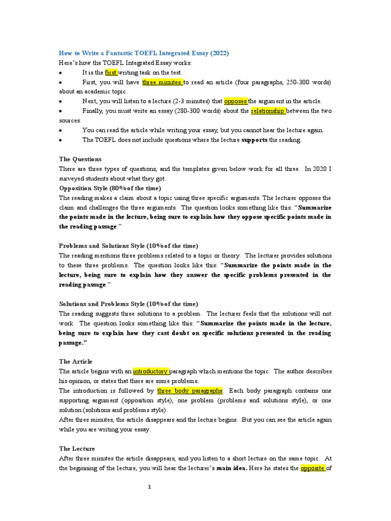 How to Write a Fantastic TOEFL Integrated Essay (2022) | PDF | Essays ...