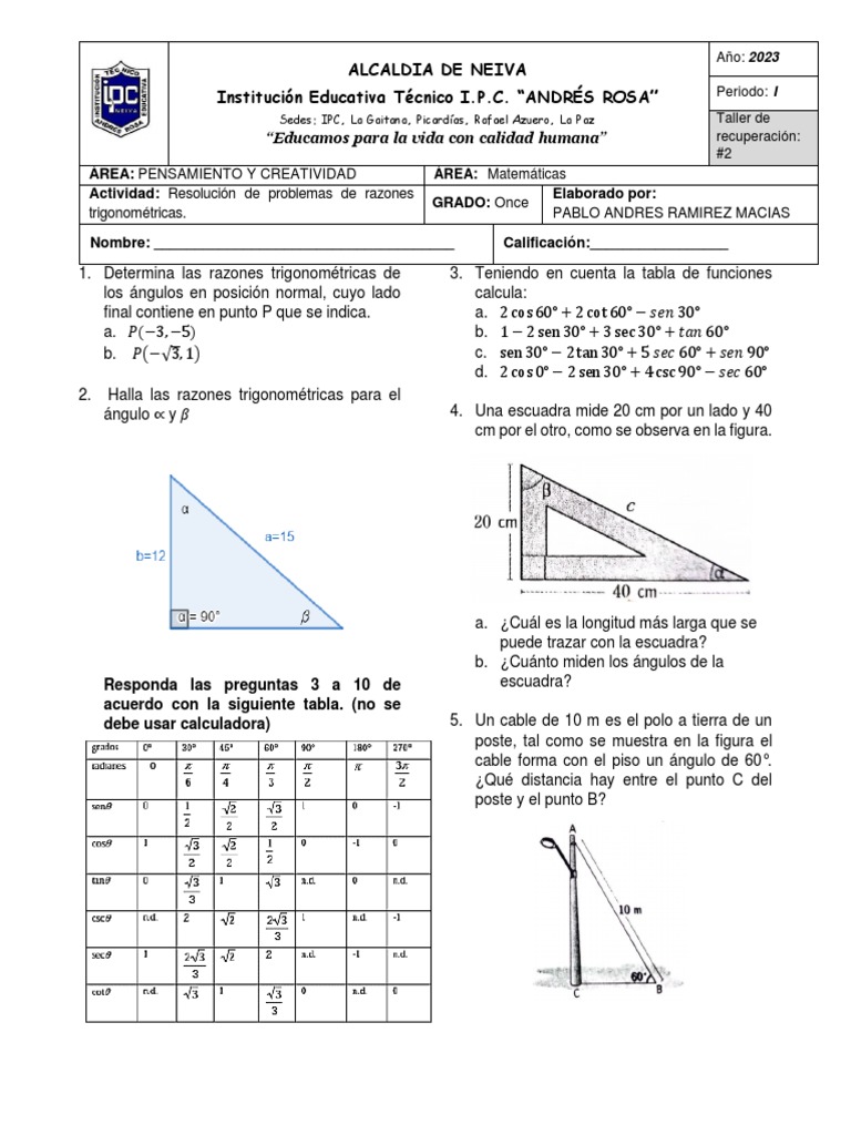 Taller de Recuperación de Razones Trigonométricas 2 | PDF | Trigonometría