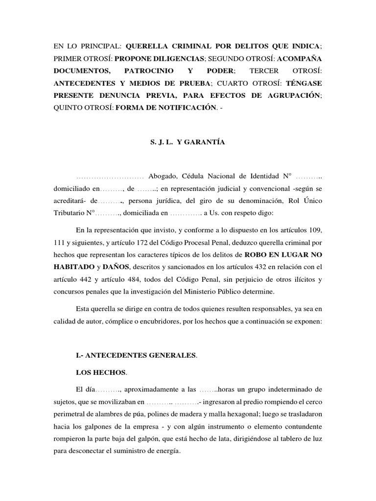 Querella Criminal Por Robo y Daños | PDF | Derecho penal | Queja