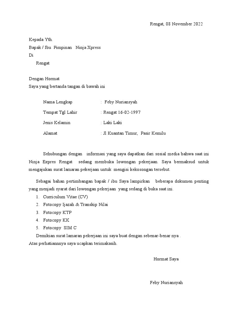 Lamaran Kerja Kurir Ninja Expres | PDF