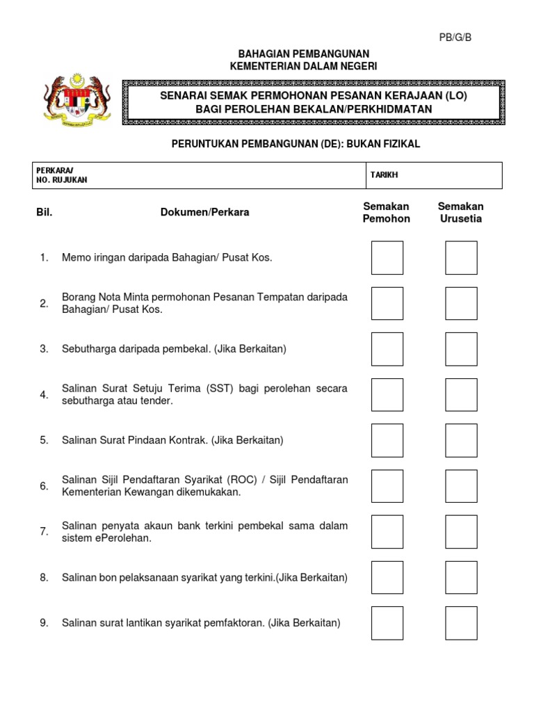 Senarai Semak Permohonan Pesanan Kerajaan LO - PB BekalanPerkhidmatan | PDF