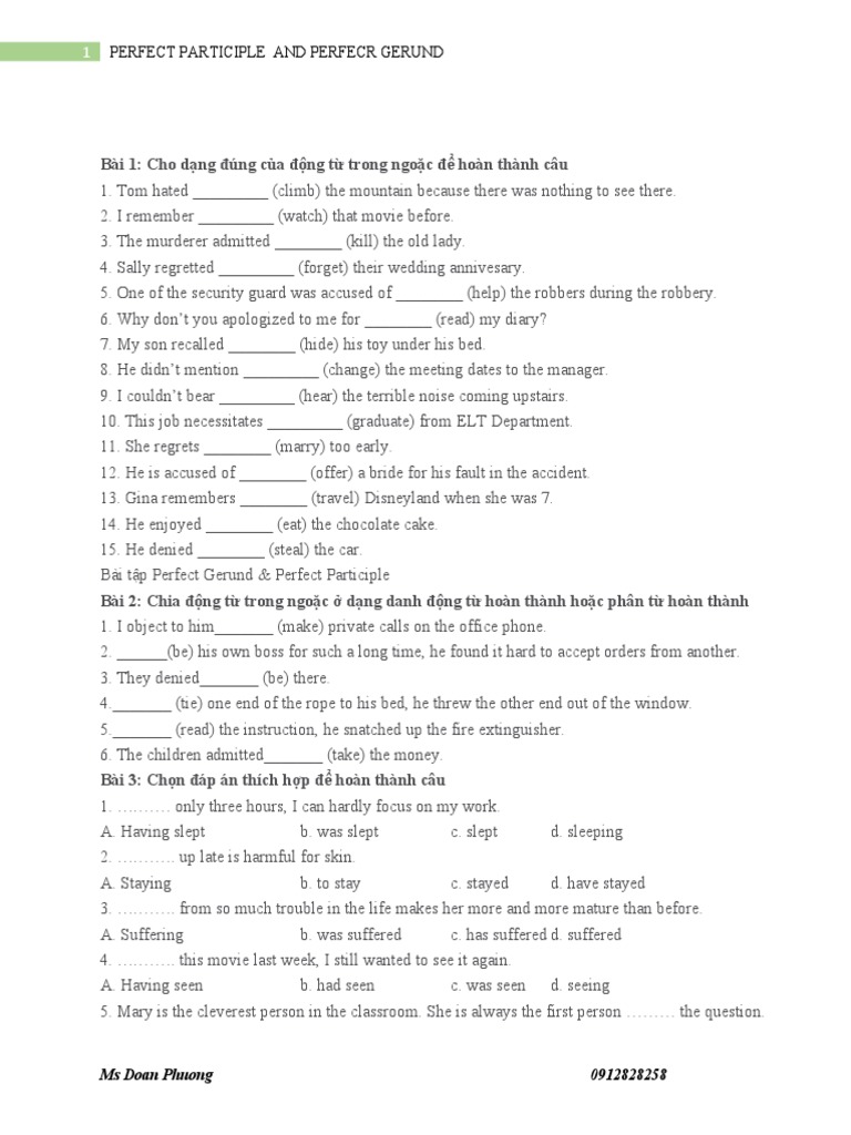 Perfect Participle and Perfect Gerund Exercises | PDF | Perfect (Grammar)