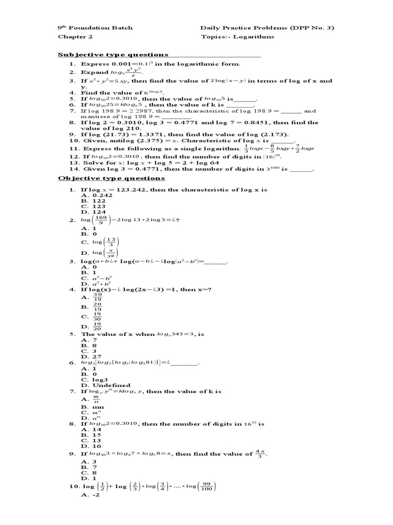 DPP 3 | PDF | Logarithm | Discrete Mathematics