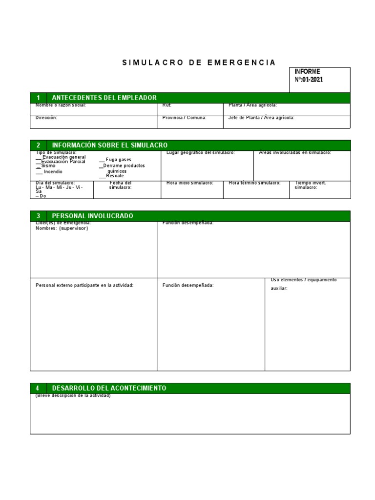 Formato informe simulacro de emergencia 2021 | PDF