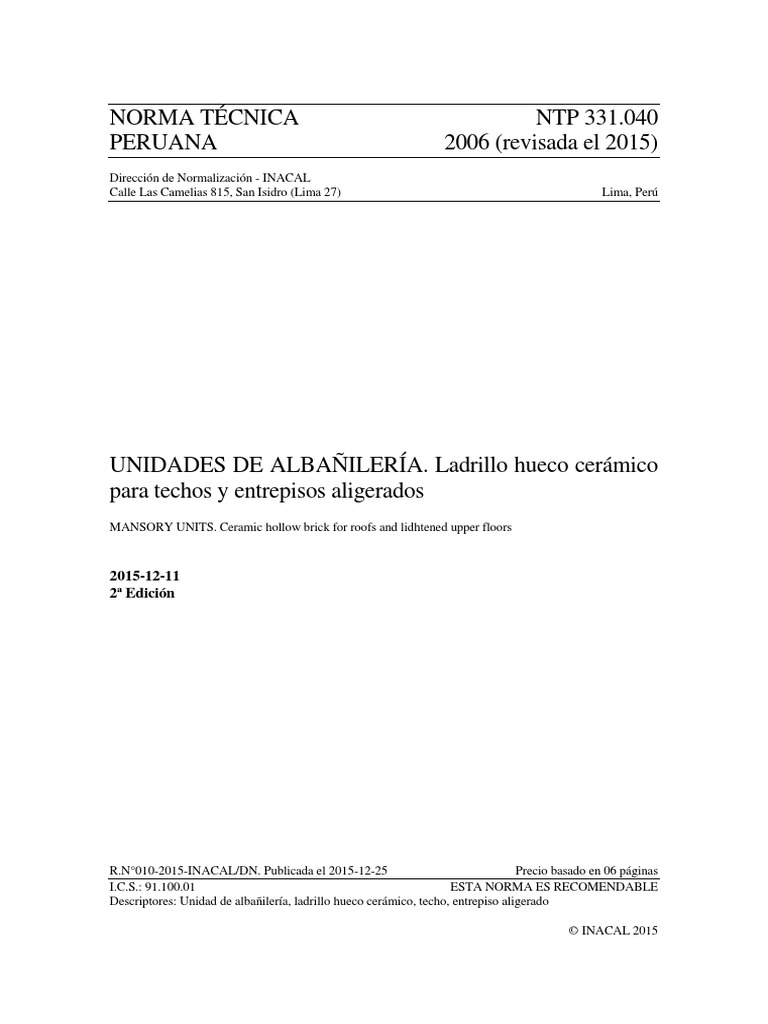 Norma Técnica NTP 331.040 Peruana 2006 (Revisada El 2015) : 2015-12-11 2 Edición | PDF | Arcilla ...
