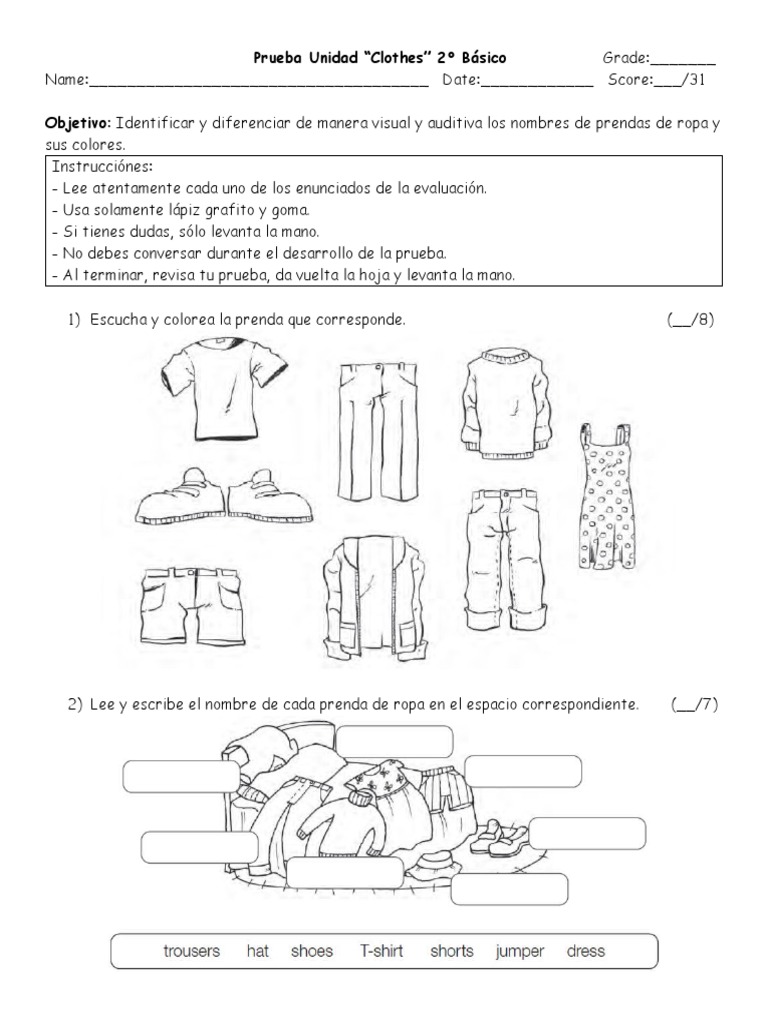 Prueba de Ropa en Inglés 2° Básico | PDF