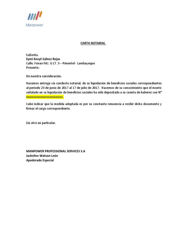 Carta Notarial para Entrega de Lbs Modelo 2 | PDF