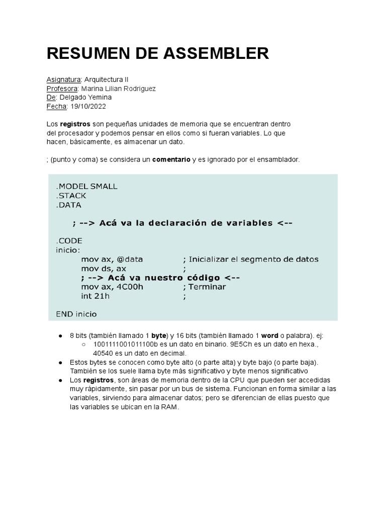 Resumen de Assembler | PDF | Lenguaje ensamblador | Poco
