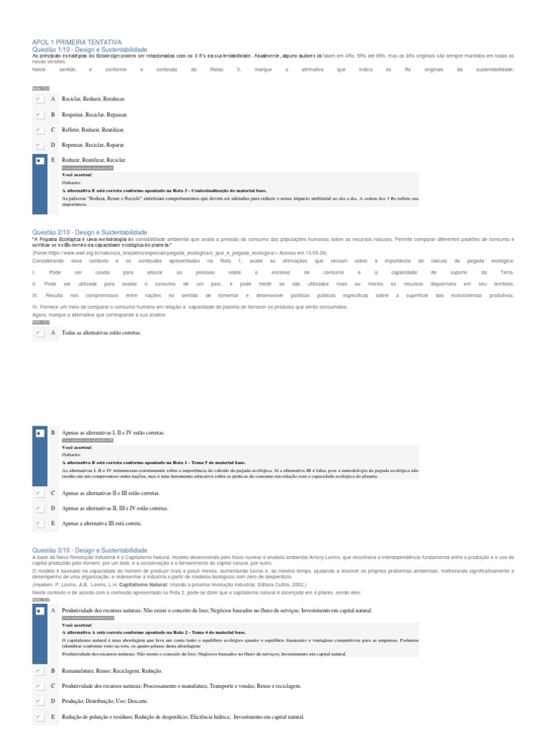 Apol 1 Design e Sustentabilidade Todas | PDF | Desperdício | Sustentabilidade