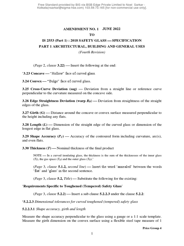 IS 2553 - Part 1 Amd 1 - Fire Resistant Glass | PDF | Curvature | Length