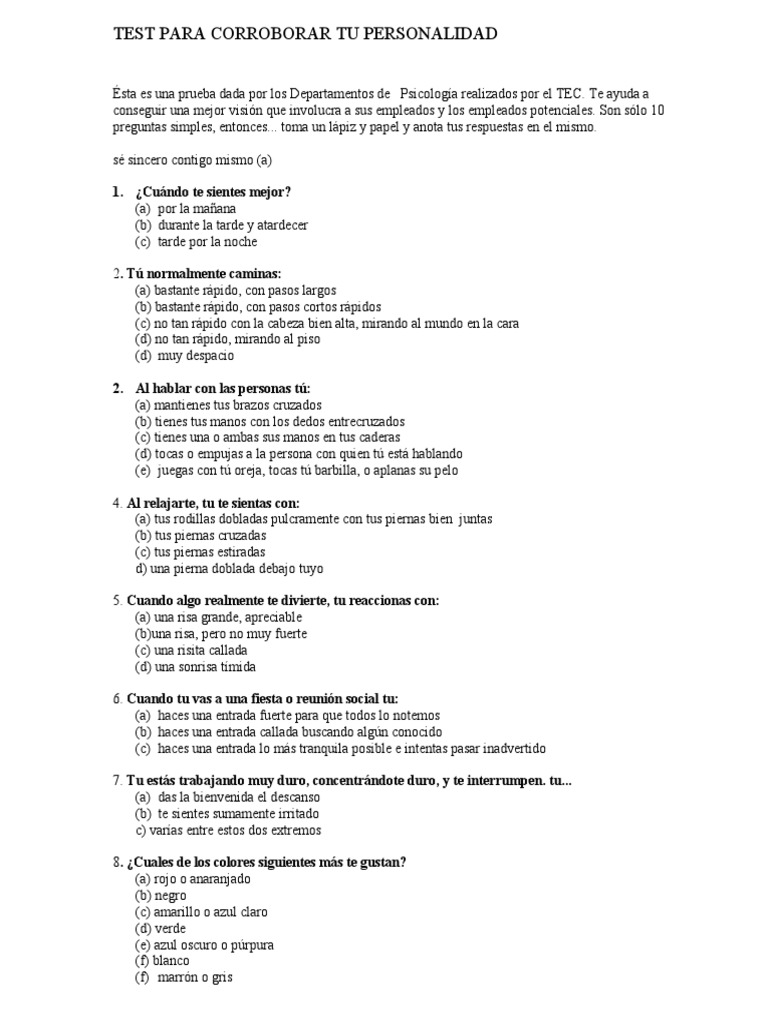 Test para Corroborar Tu Personalidad | PDF