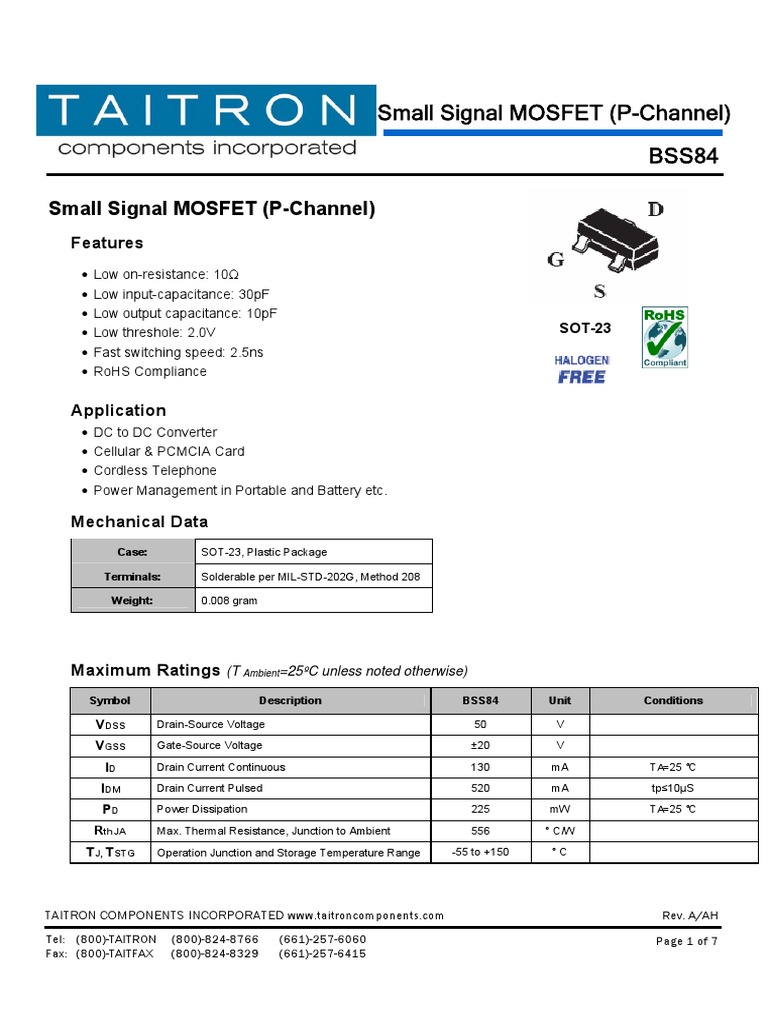 bss84 Taitron | PDF | Field Effect Transistor | Mosfet