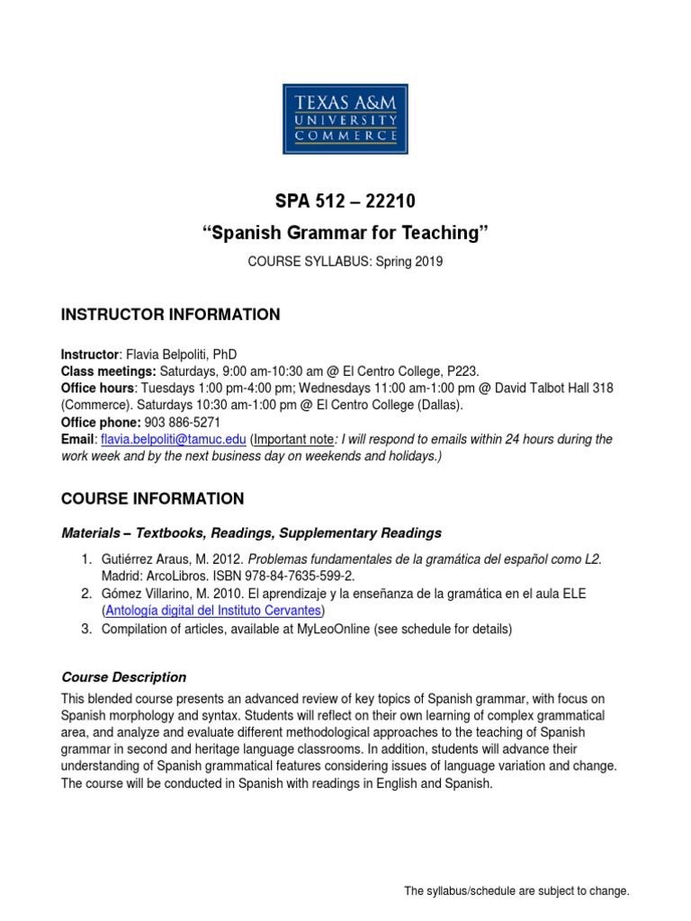 Spanish Grammar Teaching Syllabus | PDF | Lesson Plan | Pedagogy
