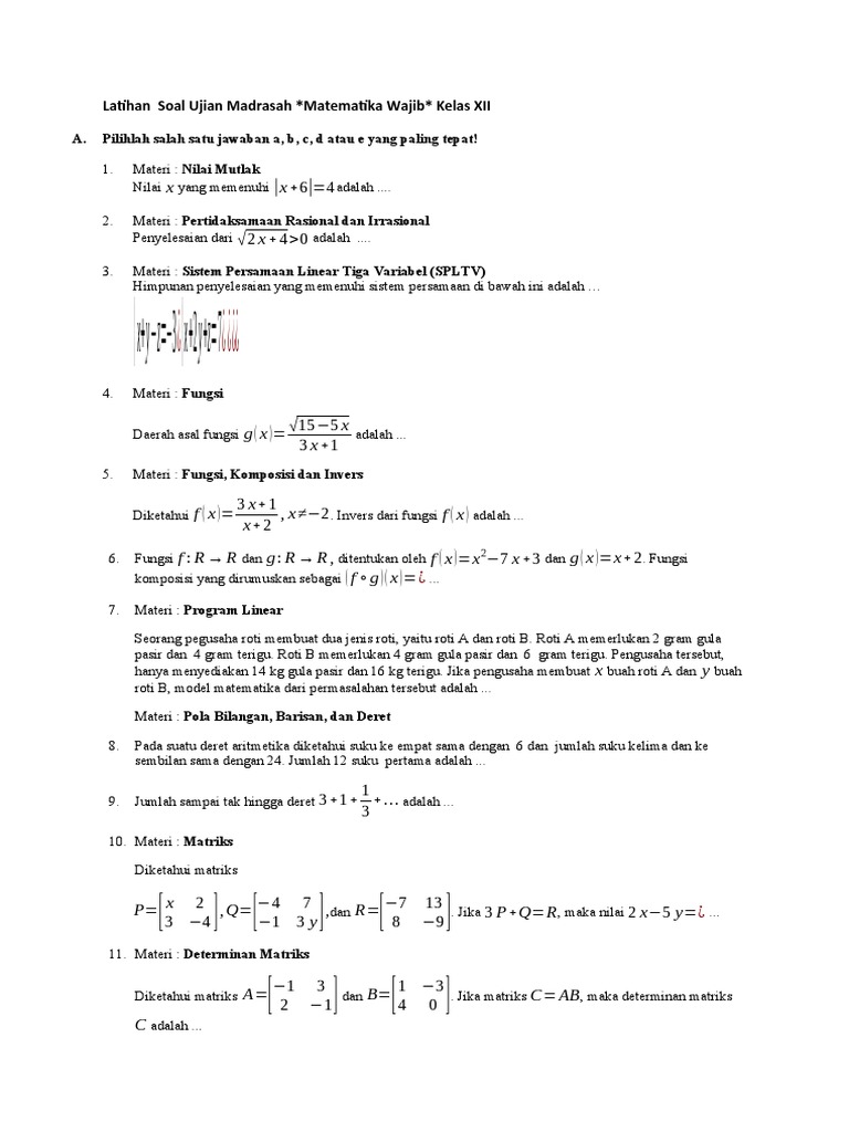 Latihan Soal Ujian Madrasah Matematika Wajib Kelas XII | PDF