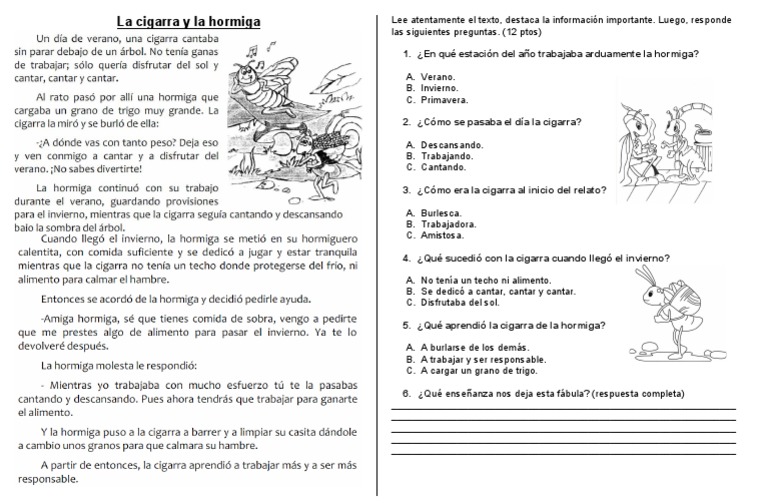 Actividades sobre "La cigarra y la hormiga" | PDF | Arte