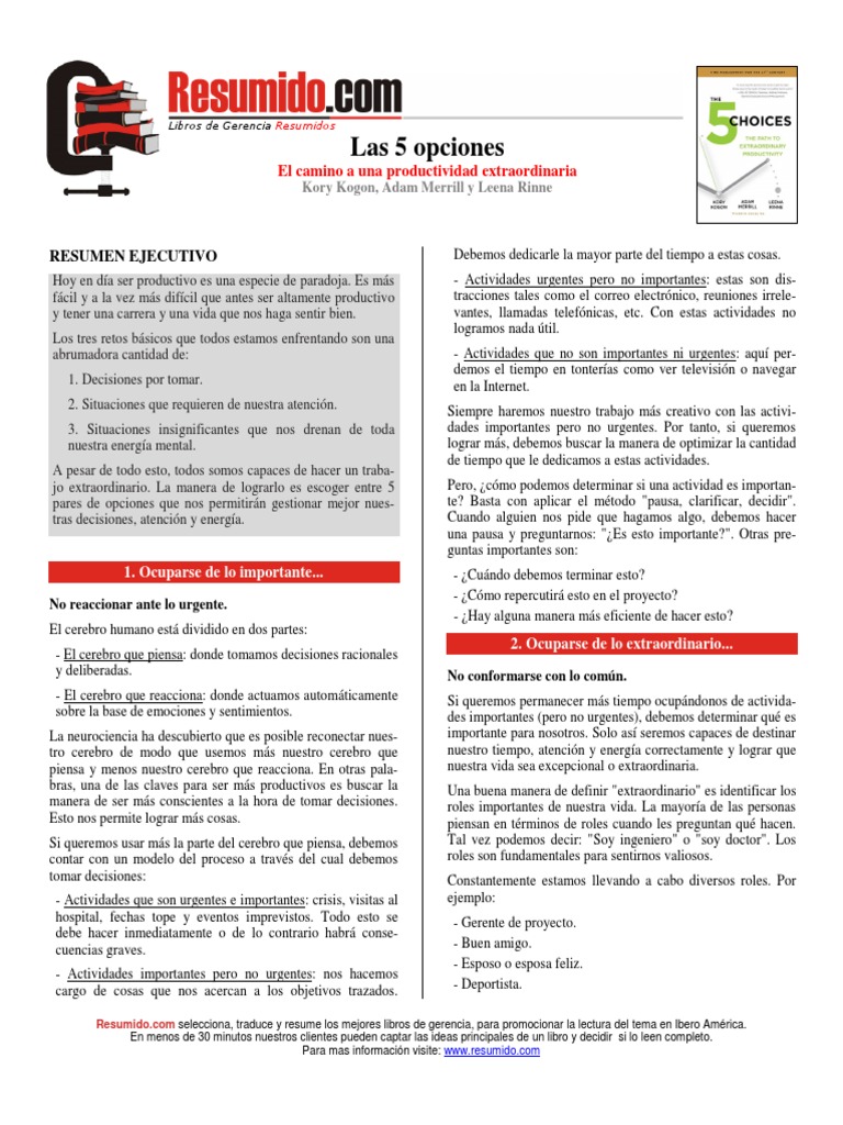 Las 5 Opciones. El Camino A Una Productividad Extraordinaria. Kory ...