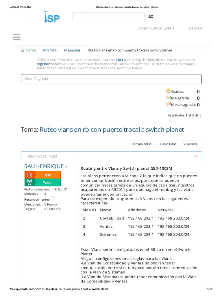 Ruteo de VLANs en Mikrotik y Switch Planet | PDF | Estándares de ...