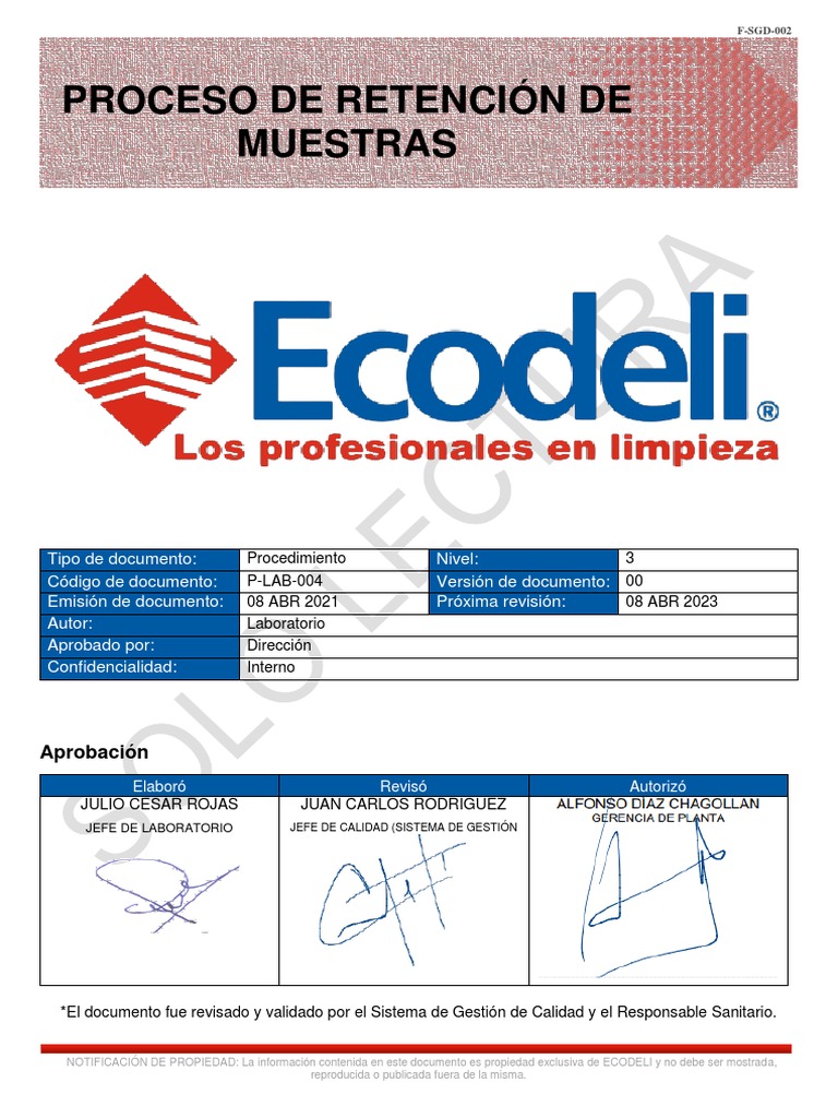 P-LAB-004 Proceso de Retención de Muestras (VV) | PDF | Sistema de manejo de calidad | Laboratorios