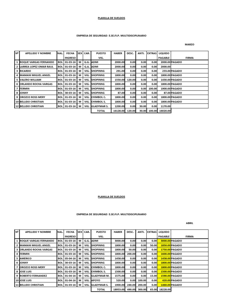 Planilla Esefip 2016 | PDF