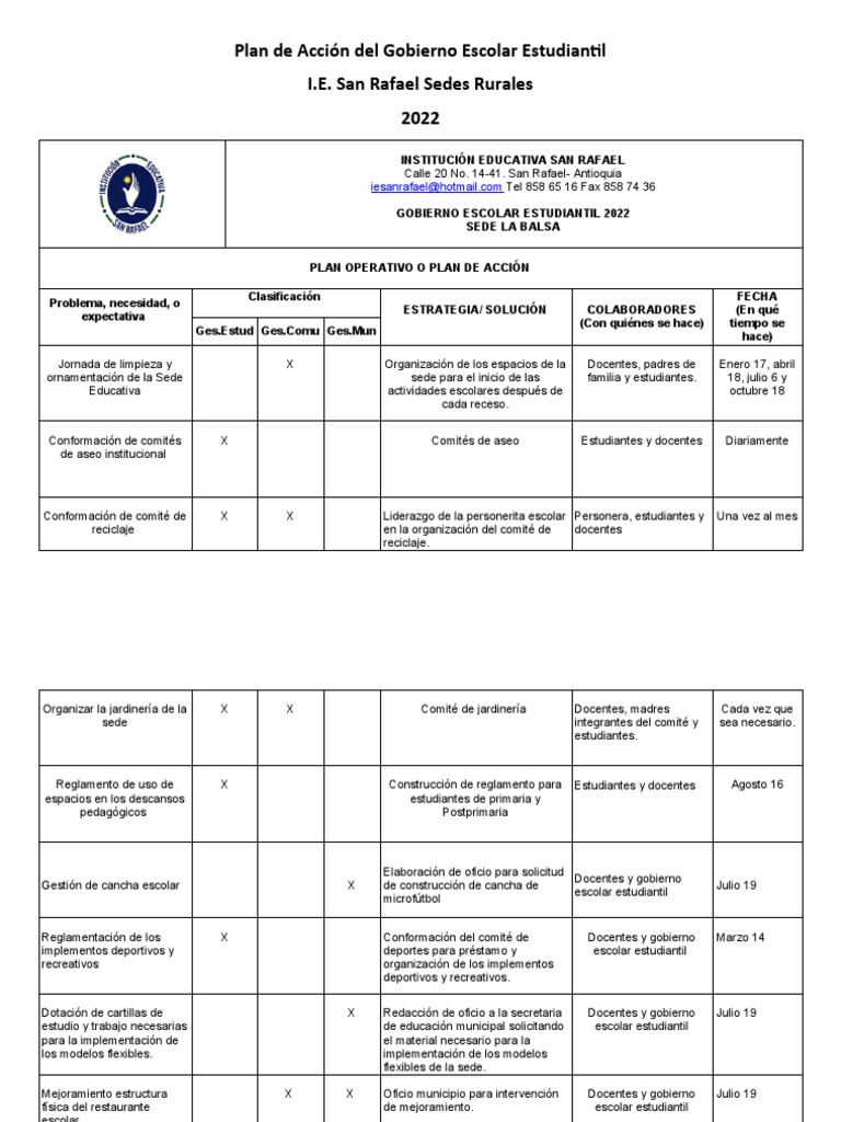 Plan de Acción Del Gobierno Escolar 2022 | PDF | Maestros