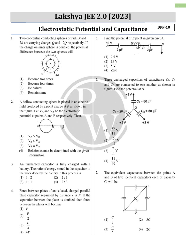 Electrostatic Potential and Capacitance - DPP 10 (Extra DPP) | PDF | Capacitor | Capacitance