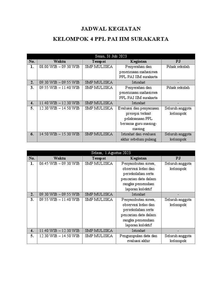 Jadwal Kegiatan PPL PAI IIM Surakarta | PDF