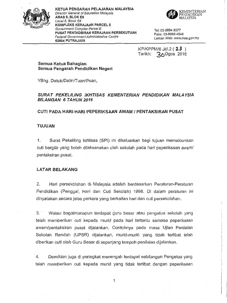 Surat Pekeliling Ikhtisas KPM Bil 6 2016 Cuti Pada Hari Peperiksaan ... Surat Pekeliling Ikhtisas KPM Bil 6 2016 Cuti Pada Hari Peperiksaan ...
