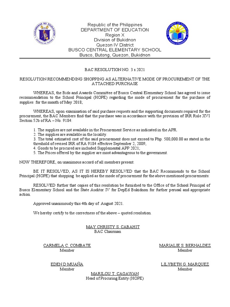 BAC Resolution | PDF | Procurement | Economies