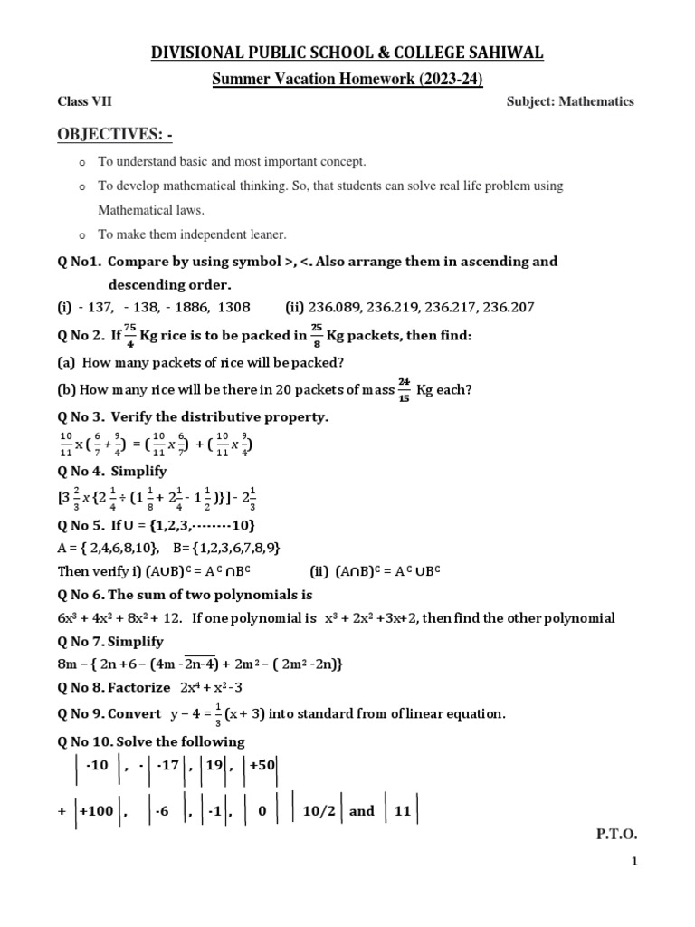 Maths. (Revised) Class-VII Summar Vacation 2023-2024 | PDF
