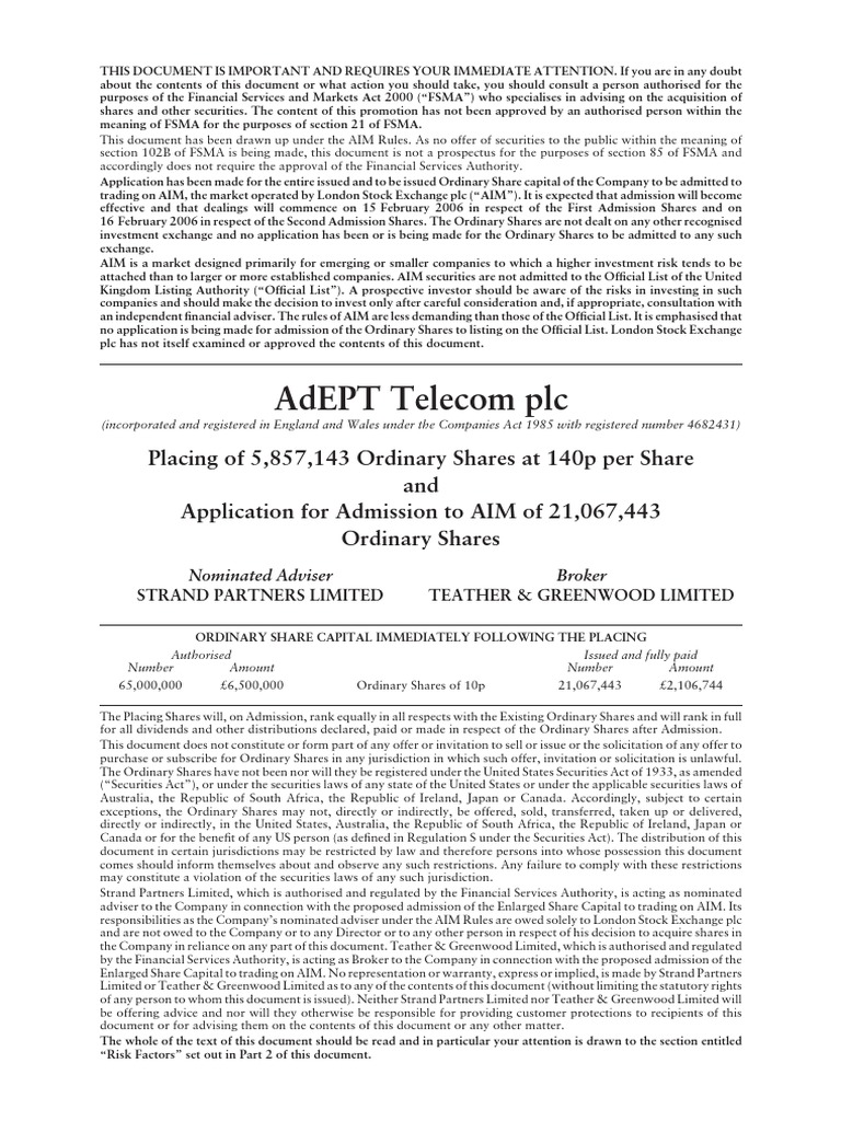 Adept Aim Admission Document | PDF | Stocks | Securities (Finance)