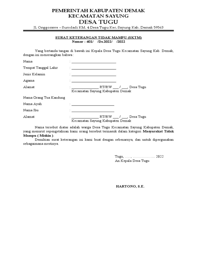 Surat Keterangan Tidak Mampu Sktm Pdf