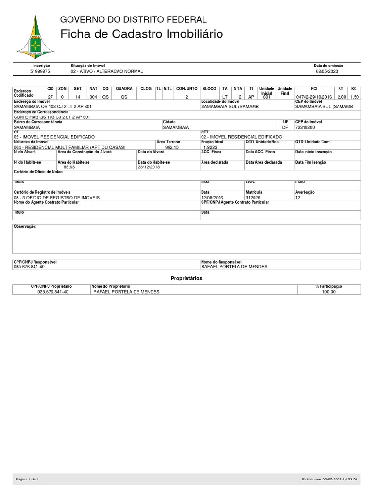 Ficha Cadastral | Download grátis PDF | Lei da Terra | Direito Imobiliário