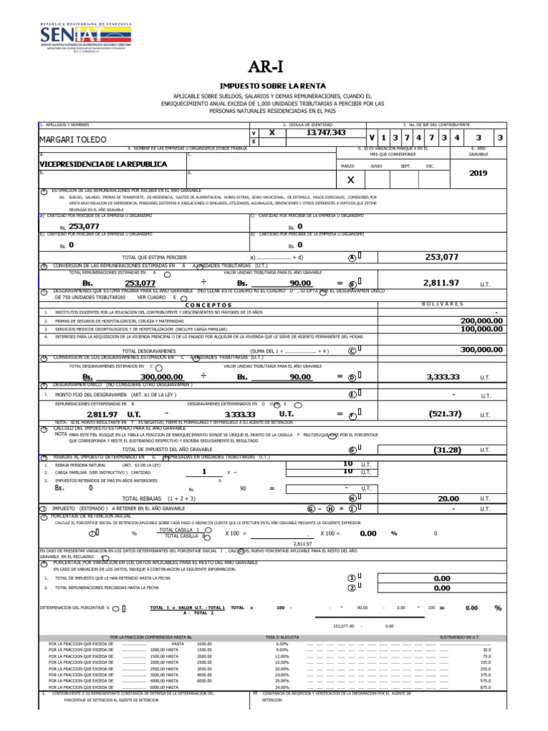 Formatos Seniat Ar-I | PDF | Impuestos | Porcentaje