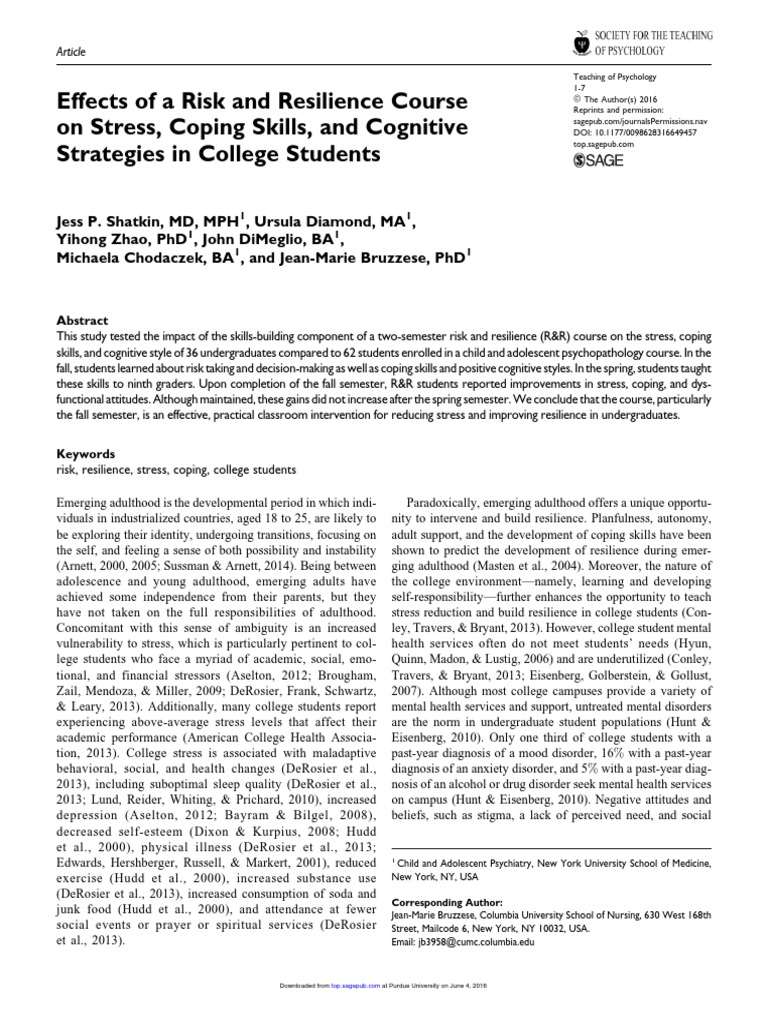 Effects of A Risk and Resilience Course On Stress, Coping Skills, and ...