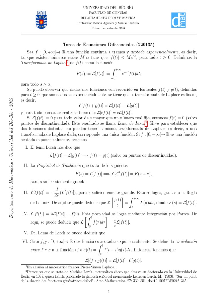 Tarea de EDO Laplace | PDF | Transformada de Laplace | Funciones y mapeos