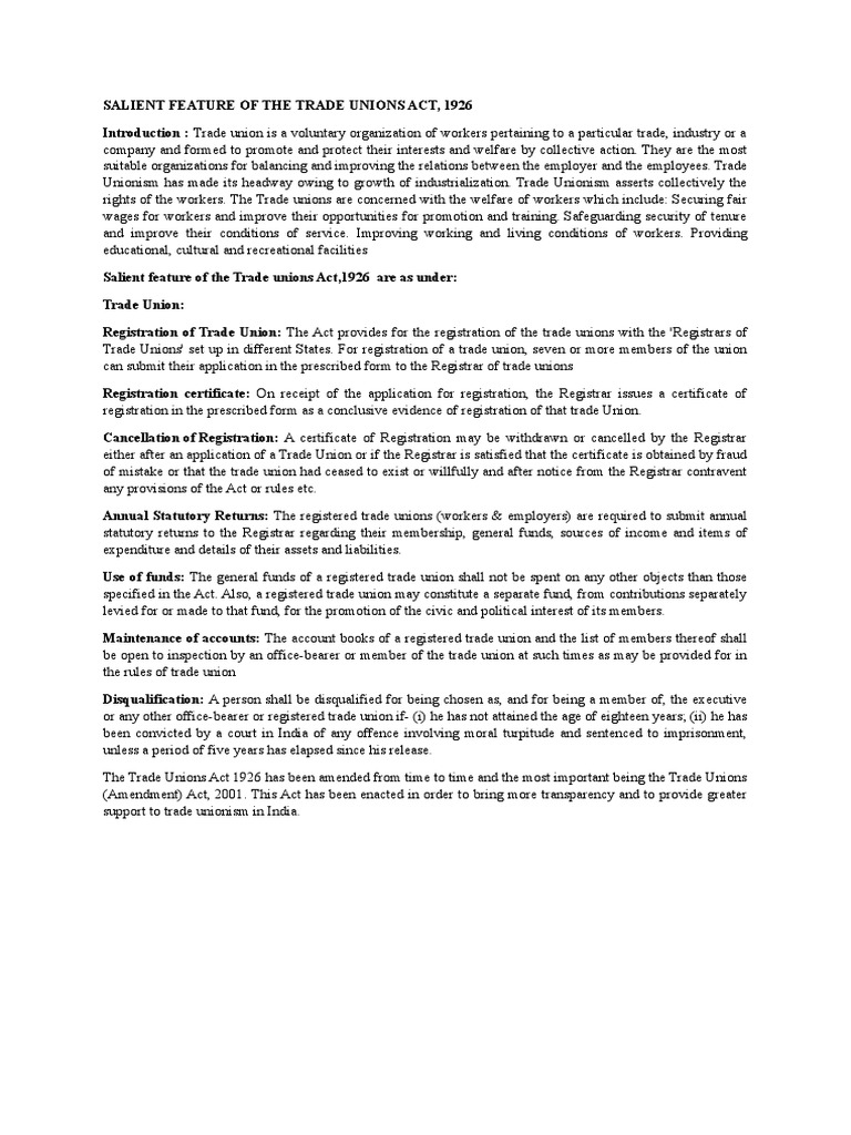 Salient Features of Trade Union Act 1926 | PDF | Employment | Trade Union