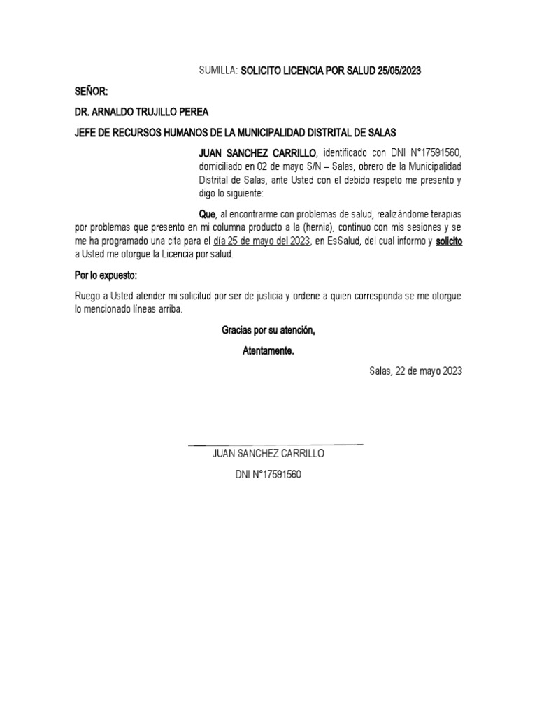 Solicitud Por Licencia de Salud | PDF