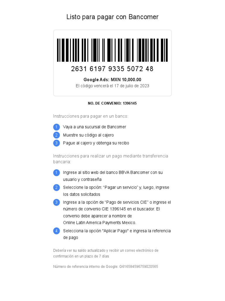 Listo para Pagar Con Bancomer: Google Ads: MXN 10,000.00 | PDF