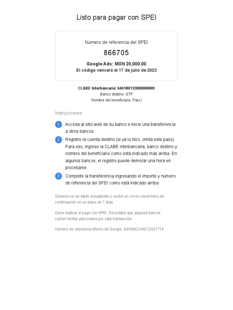 Listo para Pagar Con SPEI: Número de Referencia Del SPEI | PDF