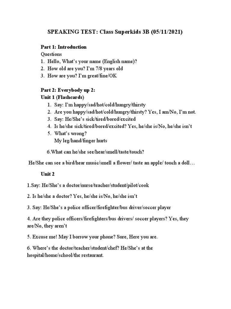Speaking Test - Kids3b | PDF | Wellness