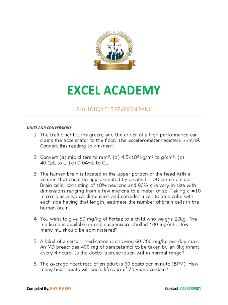 Excel Phy Test 1 Revision Bank Pdf Force Acceleration