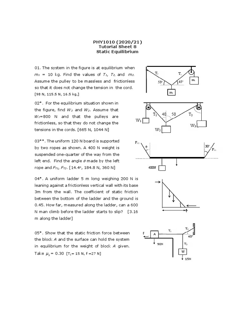 PHY1010 Tut 8 Equilibrium | PDF | Tension (Physics) | Force